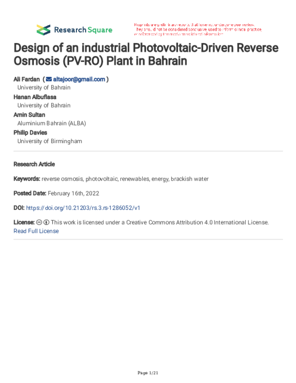 (PDF) Design of an industrial Photovoltaic-Driven Reverse Osmosis (PV-RO) Plant in Bahrain