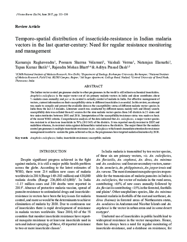 (PDF) Temporo-spatial distribution of insecticide-resistance in Indian malaria vectors in the ...