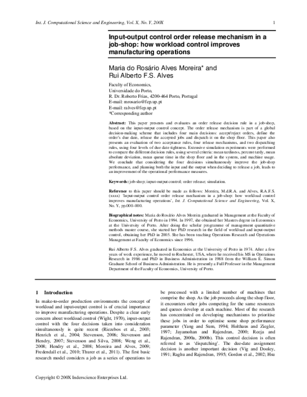 (PDF) Input-output control order release mechanism in a job-shop: how workload control improves ...