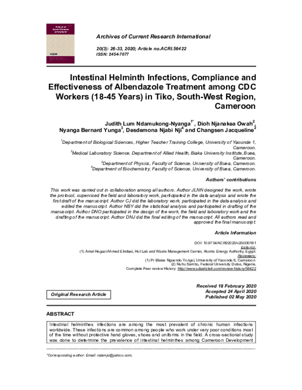 (PDF) Intestinal Helminth Infections, Compliance and Effectiveness of ...