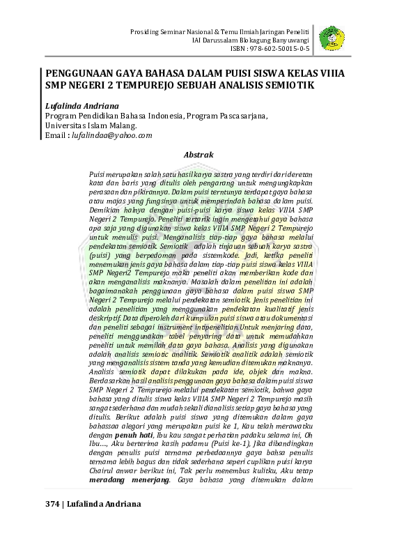 (PDF) Penggunaan Gaya Bahasa dalam Puisi Siswa Kelas VIII A SMP Negeri 2 Tempurejo Sebuah ...