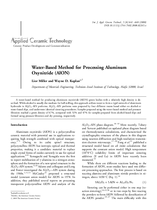 (PDF) Water-Based Method for Processing Aluminum Oxynitride (AlON)