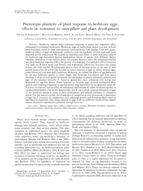 (PDF) Phenotypic plasticity of plant response to herbivore eggs: effects on resistance to ...