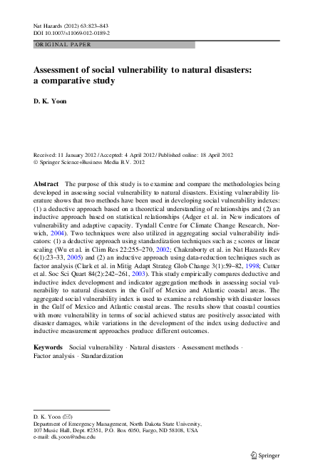 (PDF) Assessment of social vulnerability to natural disasters: a ...