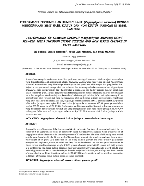 (PDF) PERFORMANSI PERTUMBUHAN RUMPUT LAUT (Kappaphycus alvarezii ...