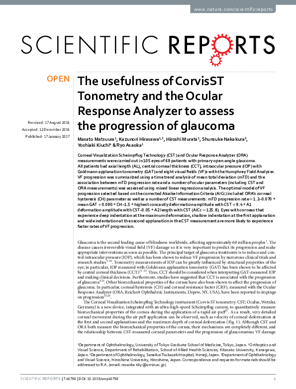 (PDF) The usefulness of CorvisST Tonometry and the Ocular Response ...