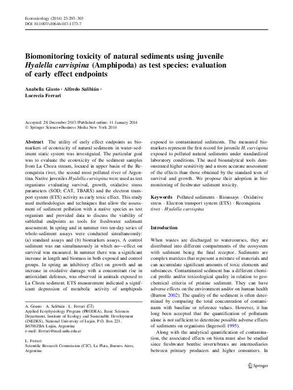 (PDF) Biomonitoring toxicity of natural sediments using juvenile ...