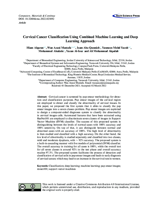 (PDF) Cervical Cancer Classification Using Combined Machine Learning and Deep Learning Approach
