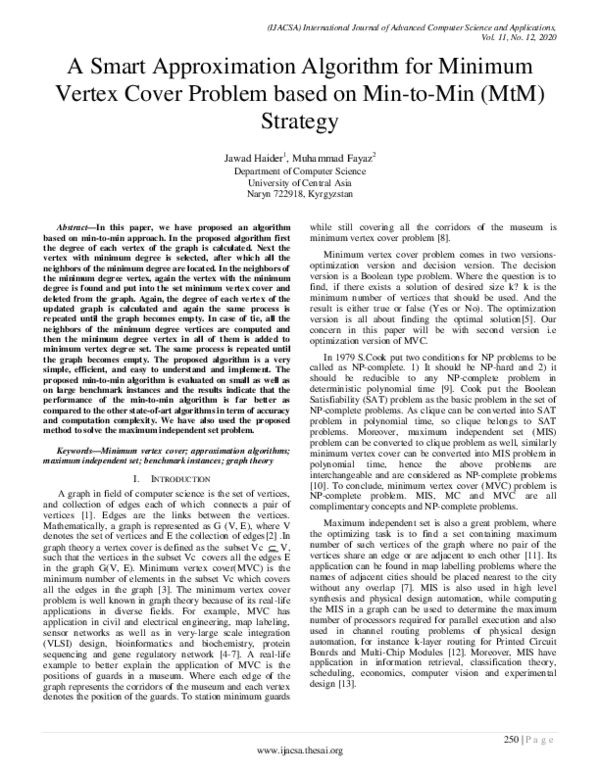 (PDF) A Smart Approximation Algorithm for Minimum Vertex Cover Problem based on Min-to-Min (MtM ...