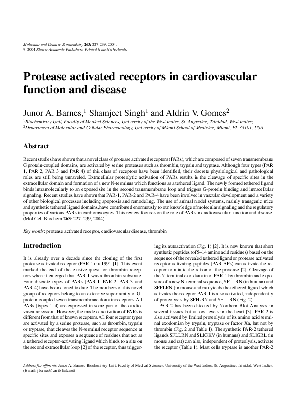 (PDF) Protease activated receptors in cardiovascular function and disease