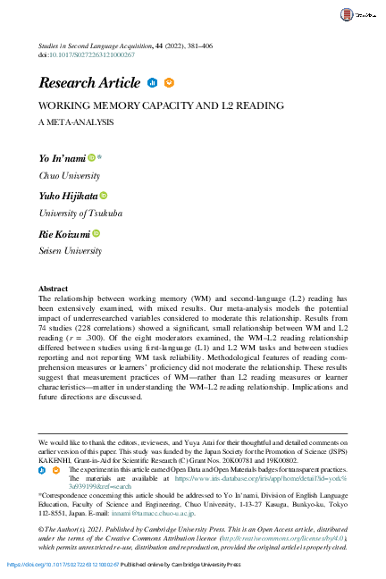 (PDF) Working Memory Capacity and L2 Reading