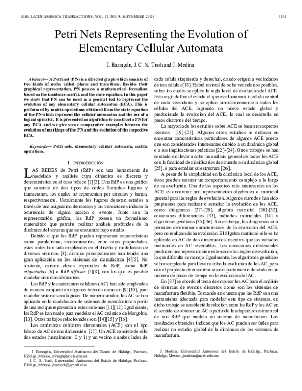 (PDF) Petri Nets Representing the Evolution of Elementary Cellular Automata