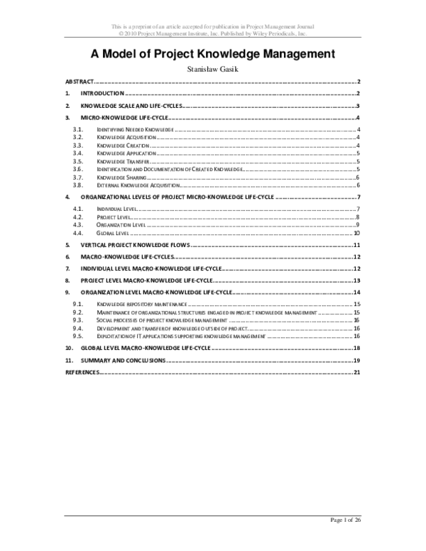 (PDF) A Model of Project Knowledge Management
