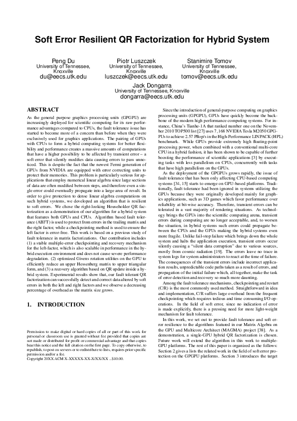 (PDF) Soft error resilient QR factorization for hybrid system with GPGPU