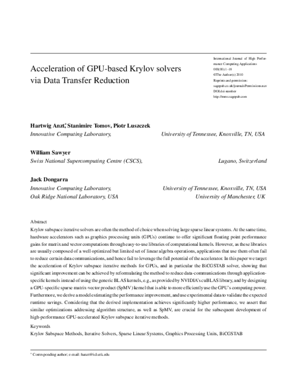 (PDF) Acceleration of GPU-based Krylov solvers via data transfer reduction