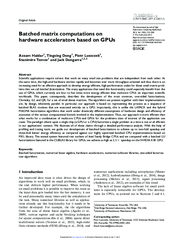 Pdf Batched Matrix Computations On Hardware Accelerators Based On Gpus