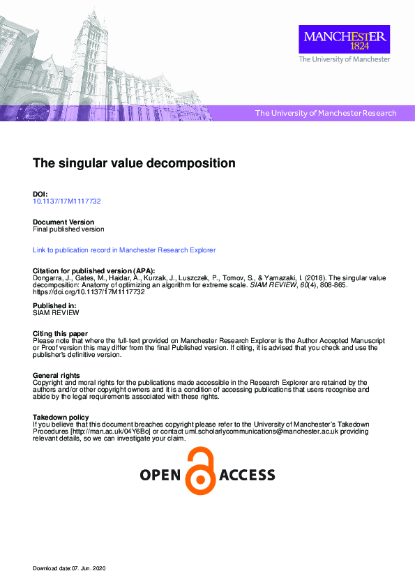Pdf The Singular Value Decomposition Anatomy Of Optimizing An Algorithm For Extreme Scale