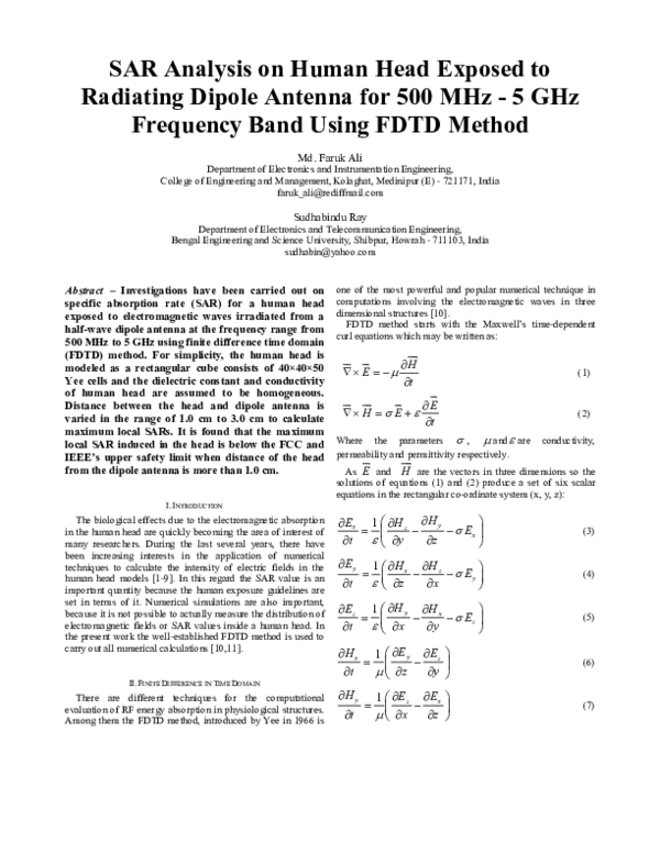 (PDF) SAR Analysis on Human Head Exposed to Radiating Dipole Antenna for 500 MHz 5 GHz Frequency ...