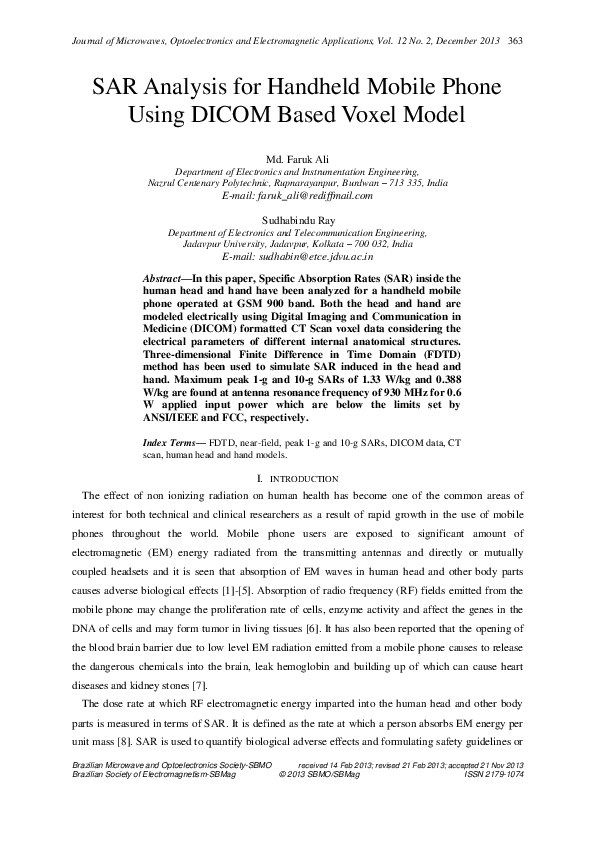 (PDF) SAR Analysis for handheld mobile phone using DICOM based voxel model