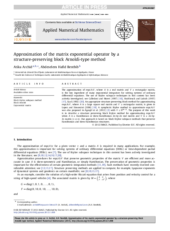 (PDF) Approximation of the matrix exponential operator by a structure-preserving block Arnoldi ...