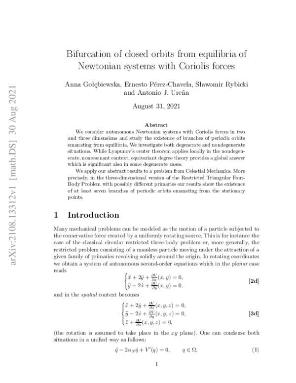 (PDF) Bifurcation of closed orbits from equilibria of Newtonian systems with Coriolis forces