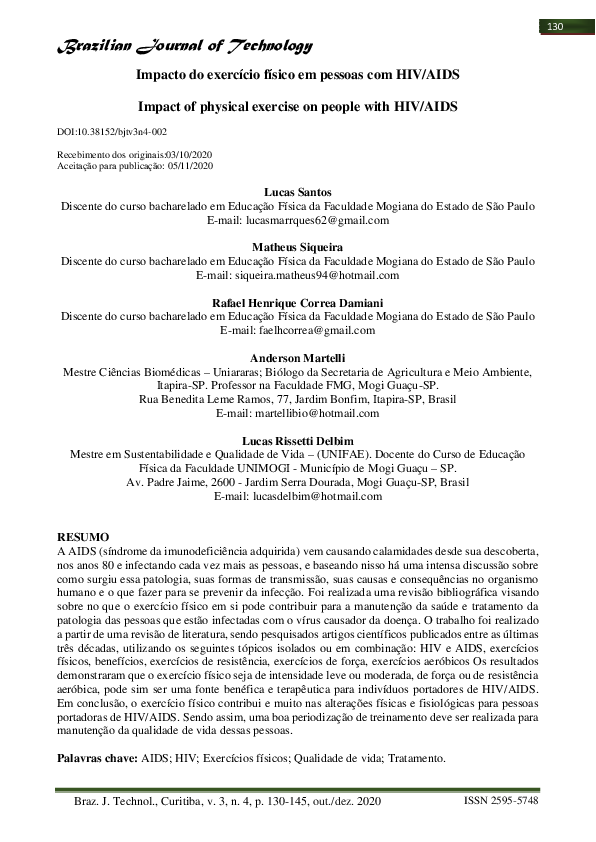 (PDF) Impacto Do Exercício Físico Em Pessoas Com Hiv/Aids / Impact of ...