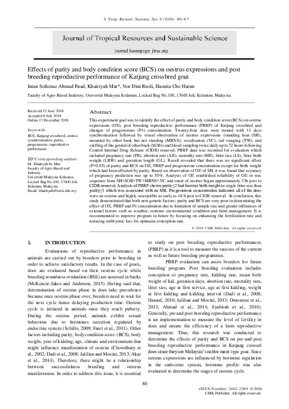 (PDF) Effects of parity and body condition score (BCS) on oestrus expressions and post breeding ...