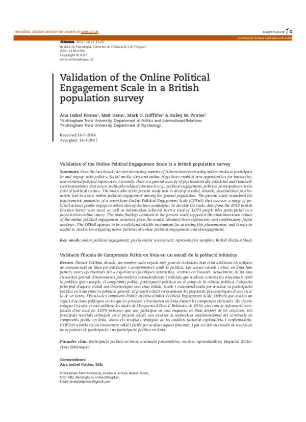(PDF) Validation of the Online Political Engagement Scale in a British ...