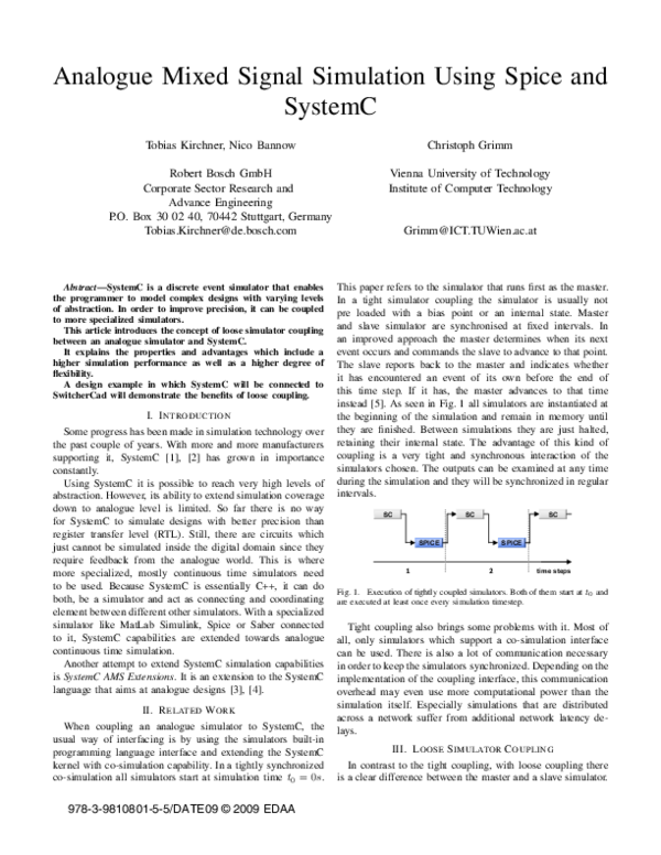 (PDF) Analogue mixed signal simulation using spice and SystemC