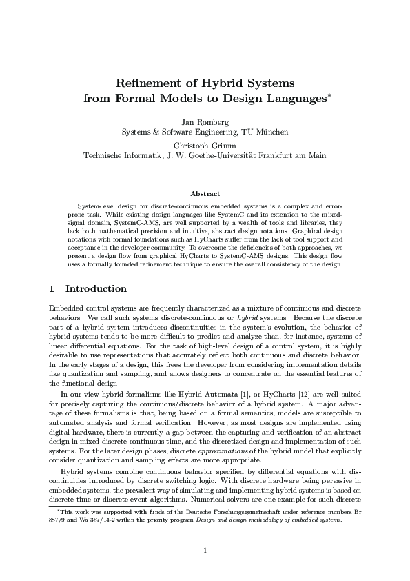 (PDF) Refinement of Hybrid Systems from Formal Models to Design Languages | Christoph Grimm ...
