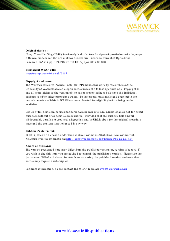 (PDF) Semi-analytical solutions for dynamic portfolio choice in jump-diffusion models and the ...