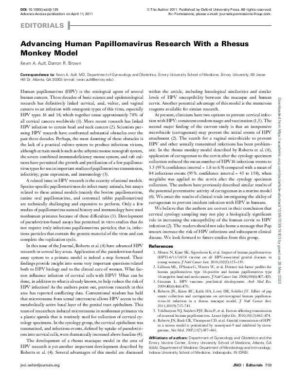 (PDF) Advancing Human Papillomavirus Research With a Rhesus Monkey ...