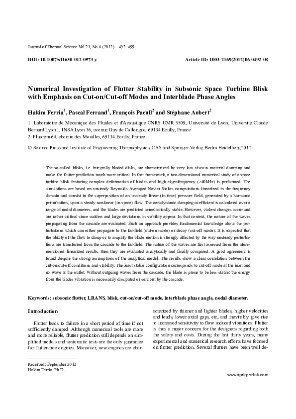 (PDF) Numerical investigation of flutter stability in subsonic space turbine blisk with emphasis ...