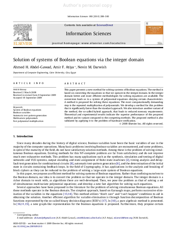 Pdf Solution Of Systems Of Boolean Equations Via The Integer Domain