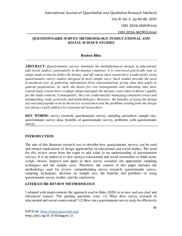(PDF) Questionnaire Survey Methodology in Educational and Social Science Studies