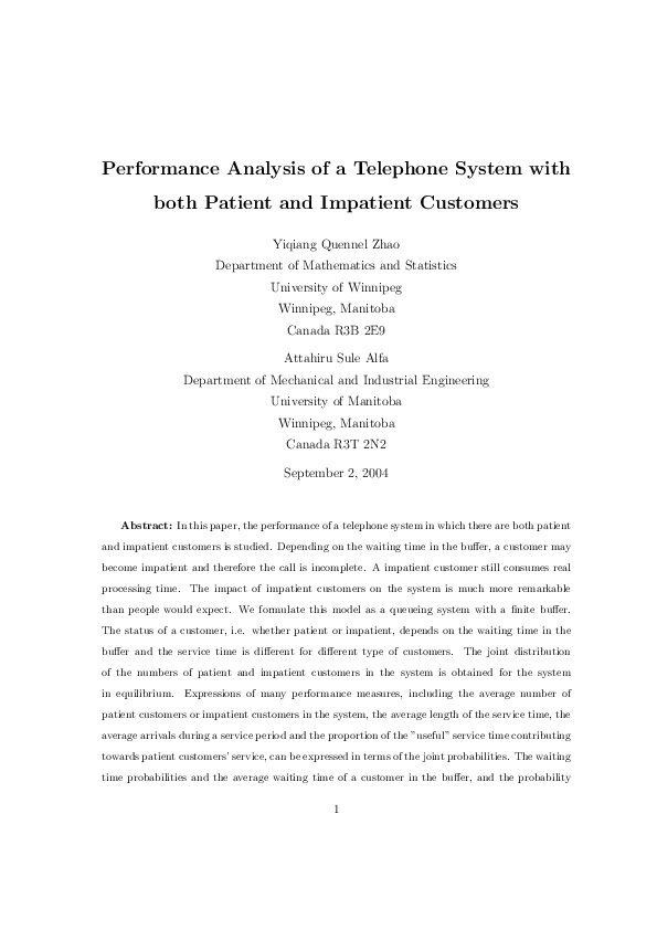 (PDF) Performance analysis of a telephone system with both patient and ...