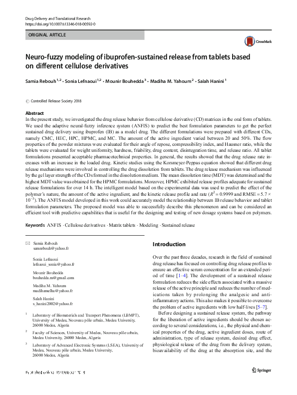 (PDF) Neuro-fuzzy modeling of ibuprofen-sustained release from tablets based on different ...