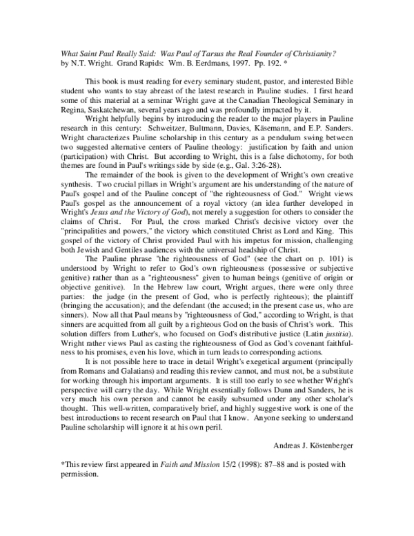 (PDF) Book Review: What Saint Paul Really Said: Was Paul of Tarsus the ...