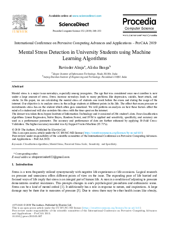 (PDF) Mental Stress Detection in University Students using Machine Learning Algorithms