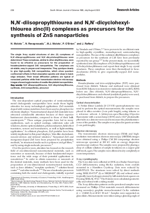 (PDF) N,N’-diisopropylthiourea and N,N’-dicyclohexyl-thiourea zinc(II) complexes as precursors ...