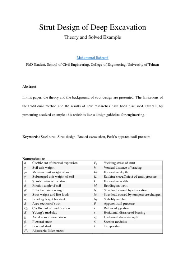 (PDF) Strut Design of Deep Excavation: Theory and Solved Example