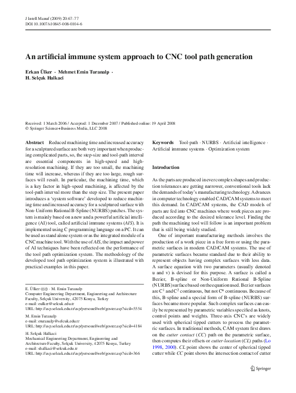 (PDF) An artificial immune system approach to CNC tool path generation