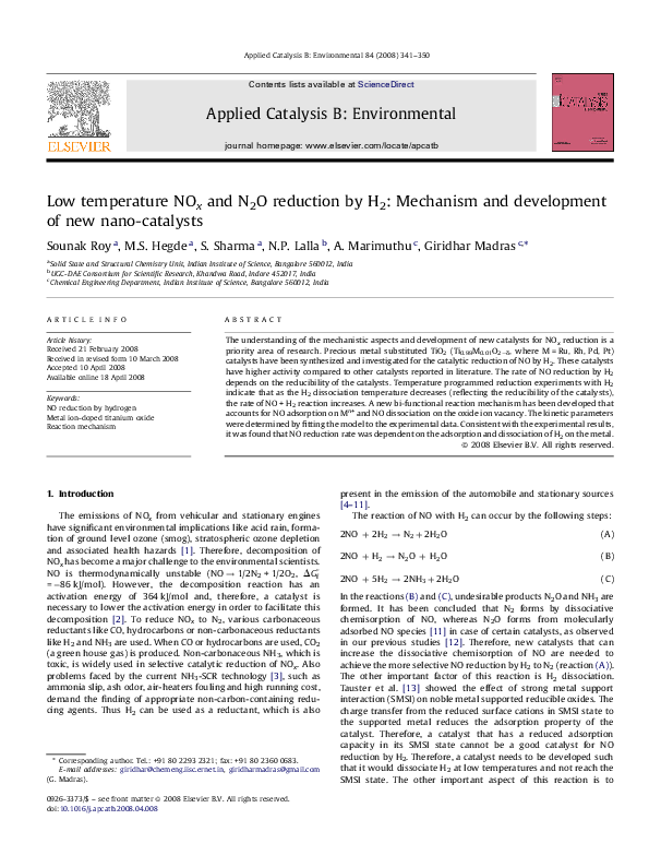 (PDF) Low temperature NOx and N2O reduction by H2: Mechanism and ...