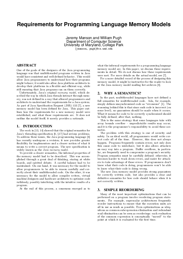 (PDF) Requirements for Programming Language Memory Models