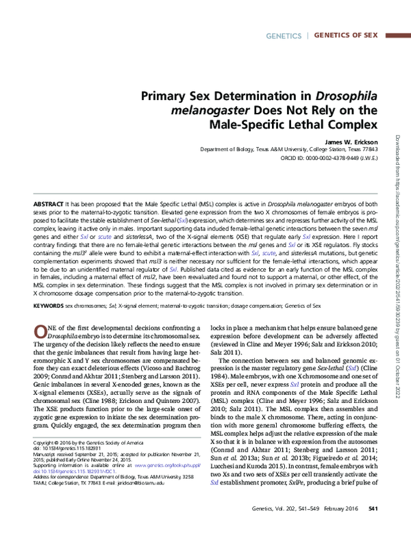 Pdf Primary Sex Determination In Drosophila Melanogaster Does Not