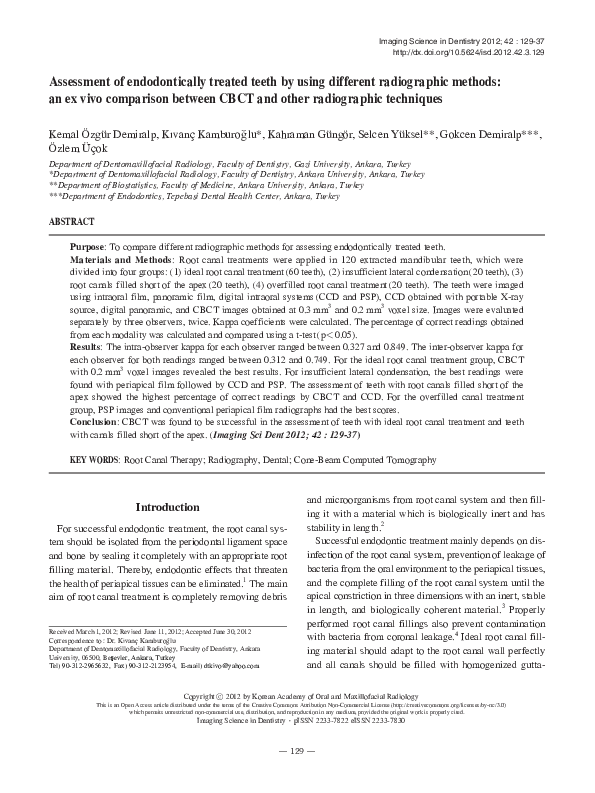 Pdf Assessment Of Endodontically Treated Teeth By Using Different Radiographic Methods An Ex
