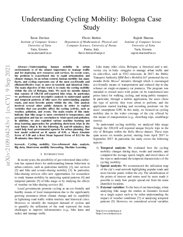(PDF) Understanding Cycling Mobility: Bologna Case Study