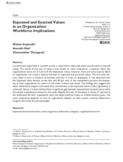(PDF) Espoused and Enacted Values in an Organization: Workforce ...