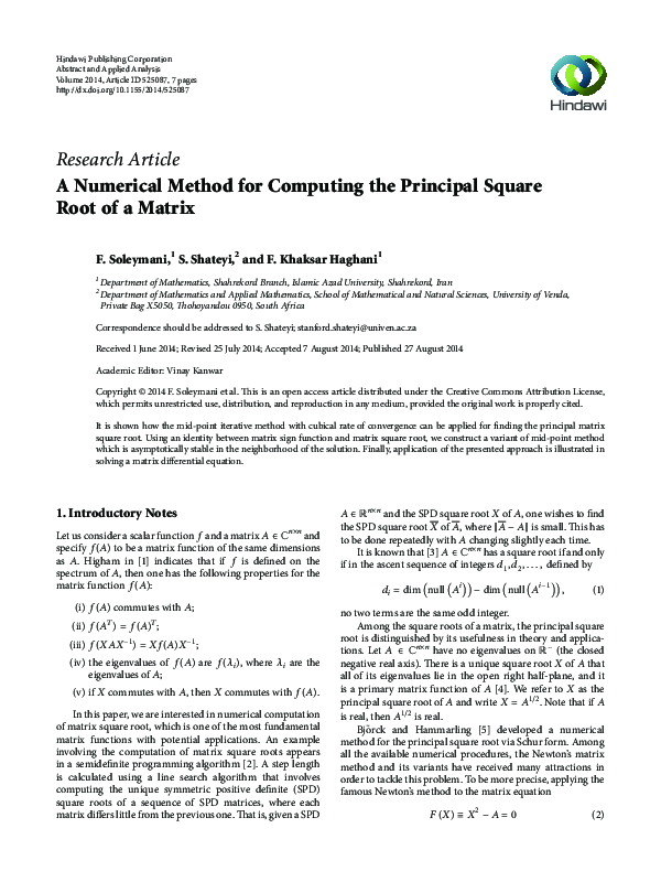 (PDF) A Numerical Method for Computing the Principal Square Root of a Matrix