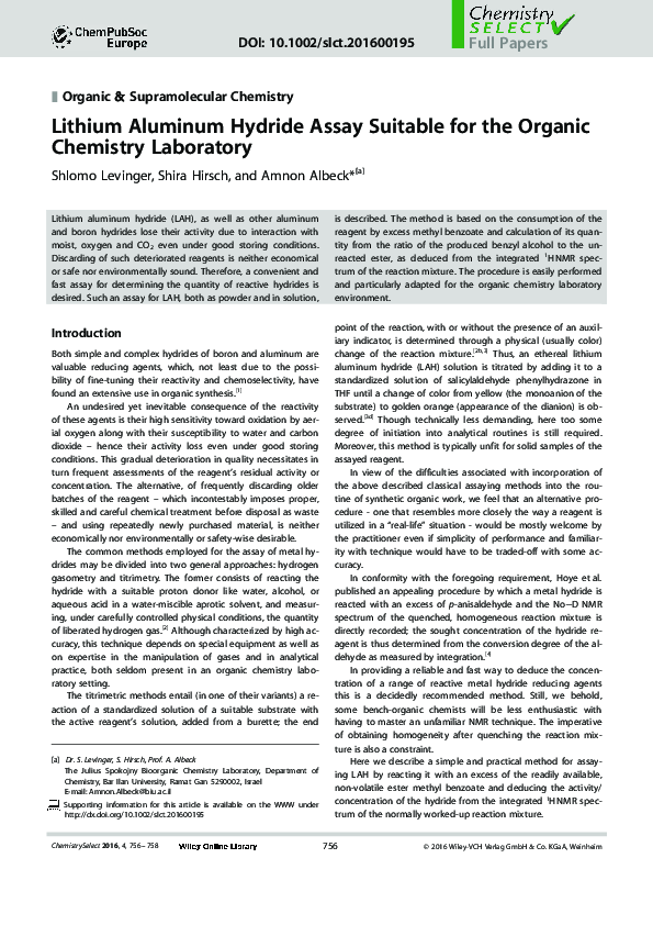 (PDF) Lithium Aluminum Hydride Assay Suitable for the Organic Chemistry ...